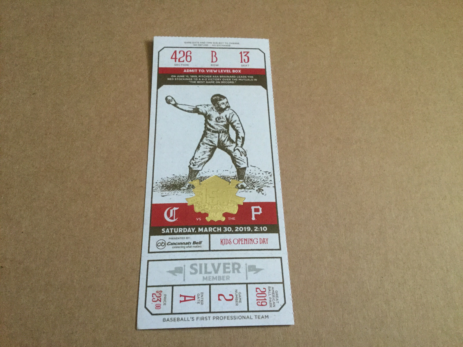 REDS 2019 150th Anniversary TICKET STUB 3/30/19 VS PIRATES~COVER:ASA ...