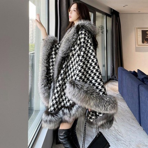 Warm Women Winter Thick Houndstooth Loose Poncho Pendulum Shawl Fur Cape Gift | eBay