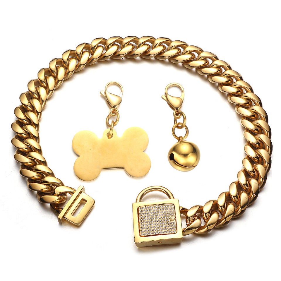 Stainless Steel Dog Choker 18K Gold Plated Metal Cuban Chain Collar ...