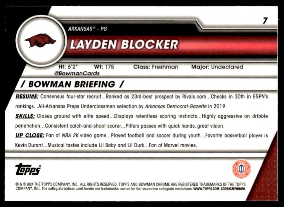 2023-24 Bowman U Chrome 7 Layden Blocker Pink Arkansas Basketball Card ...
