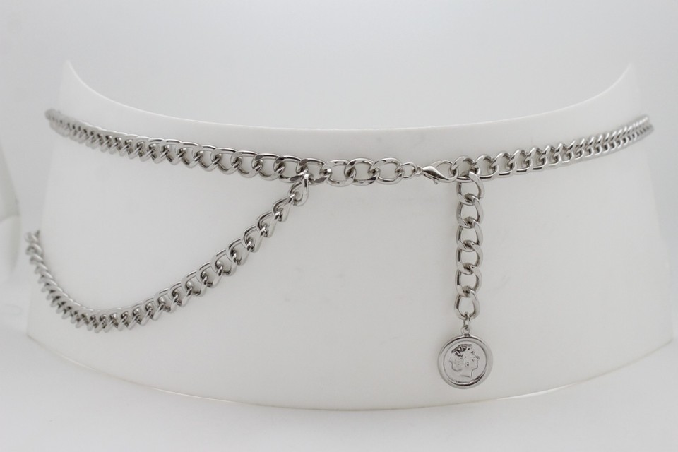 Women Fashion Belt Silver Metal Chain Link Hip High Waist Coin Charm ...
