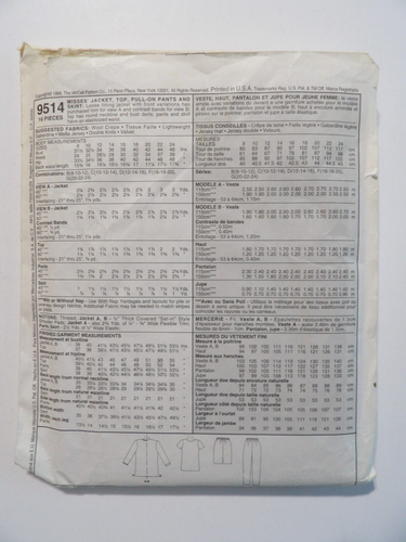 McCall's 9514 Sewing Pattern Misses Jacket Top Pants Skirt Size 10-12 ...