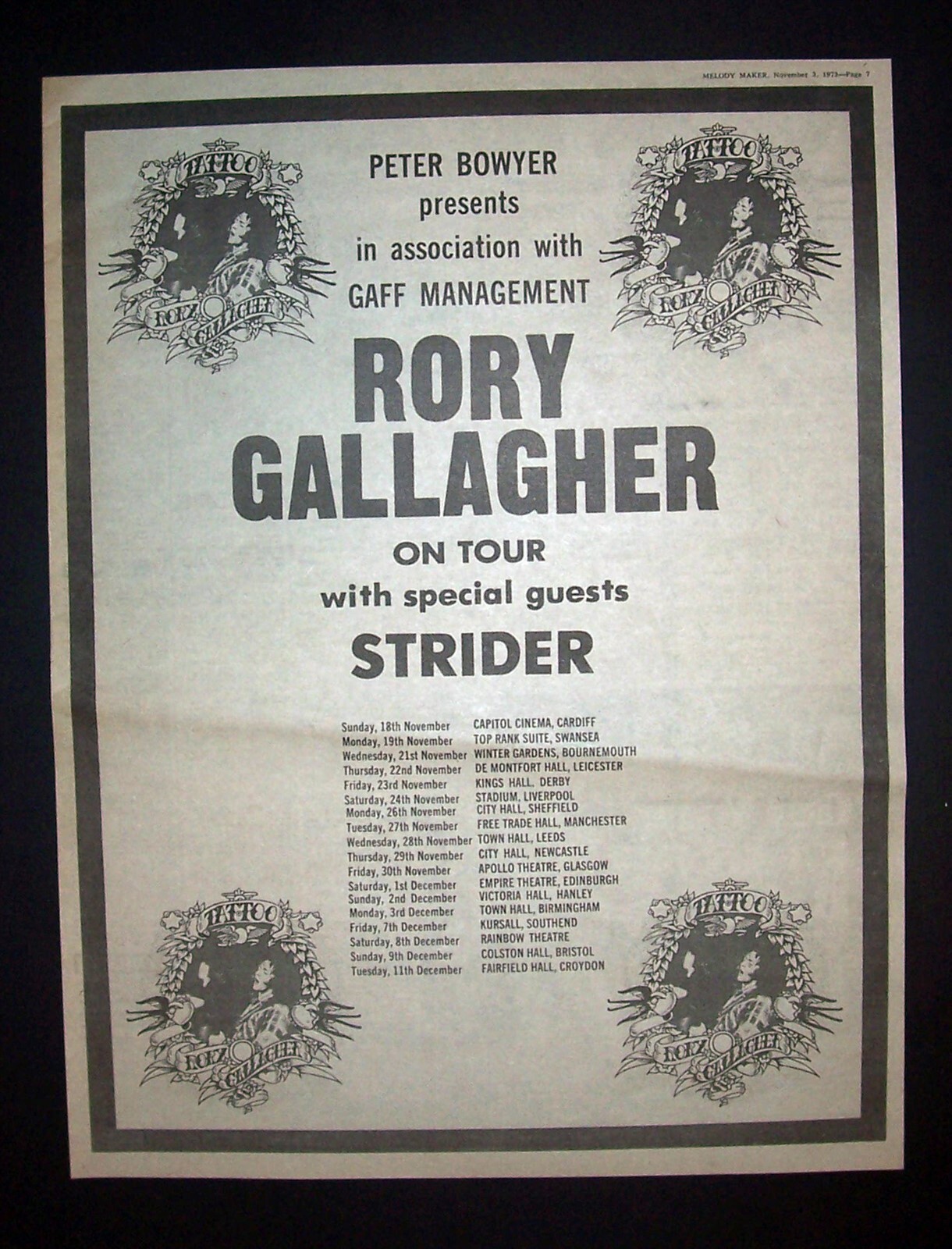 Rory Gallagher Tattoo UK Concert Tour 1973 Poster Type Ad, Promo Advert ...