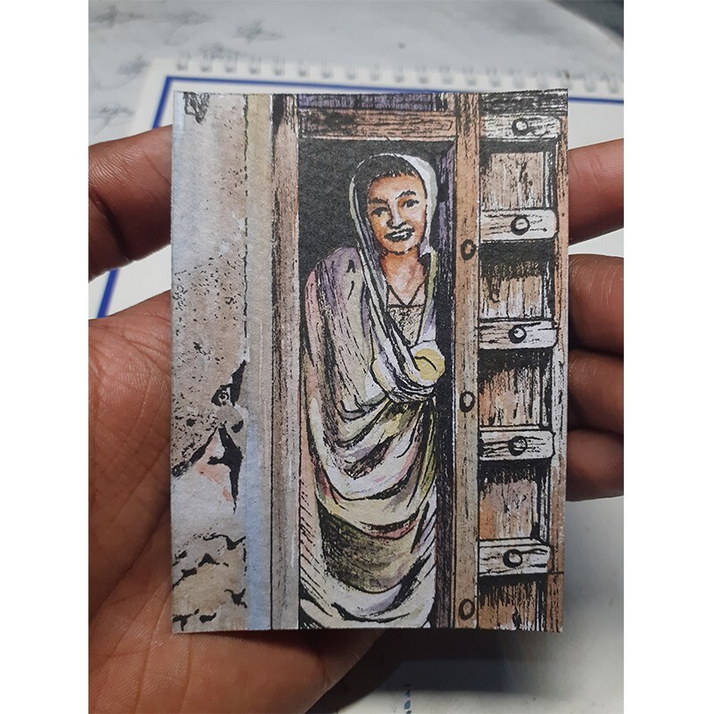 Original ACEO pen and Watercolor Painting Village Girl Saree Hi-res ...