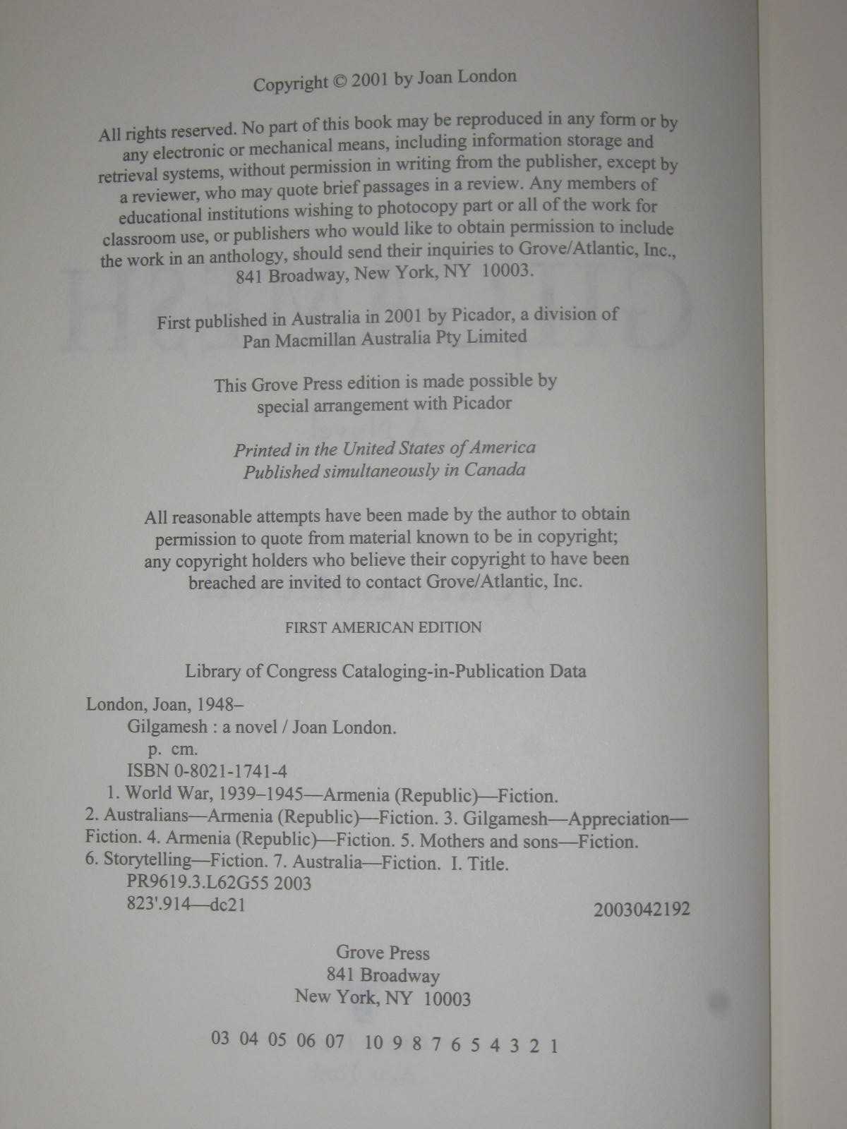 Gilgamesh by Joan London 1st ed Hardcover 0802117414 Grove Press First ...