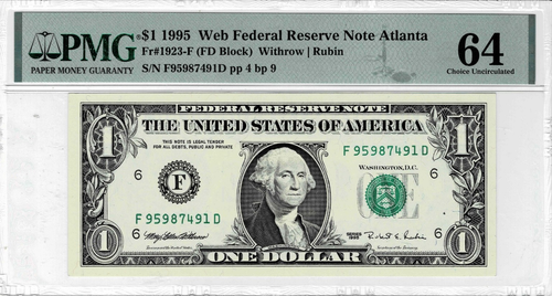1995 $1 Federal Reserve'WEB'Note-(FD Block)-Run 15--4/9-PMG UNC 64 | eBay