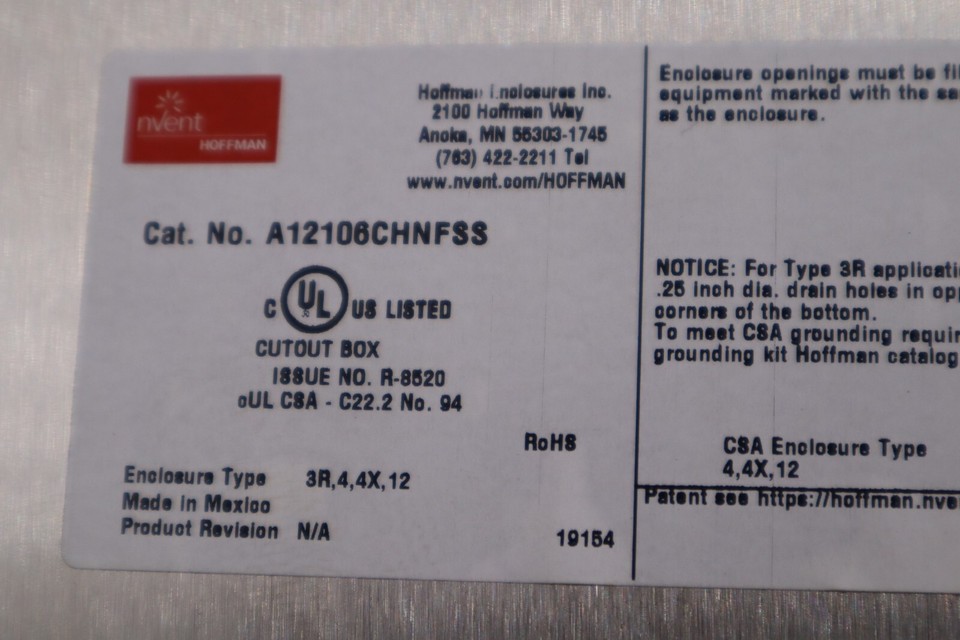 Hoffman A12106CHNFSS Electrical Stainless WITH TOWEL SIGNAL STOCK 4875 ...