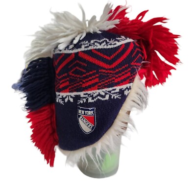 Vtg Reebok New York Rangers Mohawk Trapper Hat Faux Fur Game Snow NHL ...