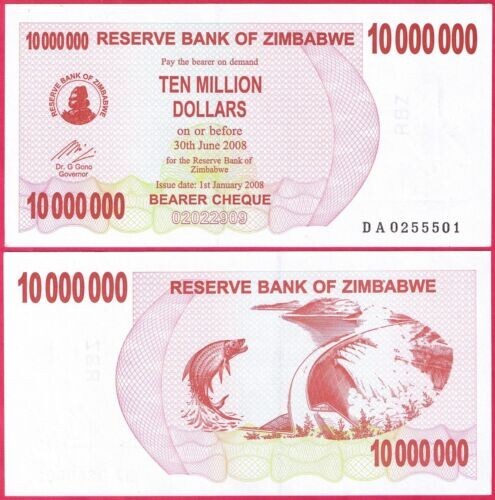1 pc x Zimbabwe 10 million dollar bearer cheque banknote Uncirculated ...