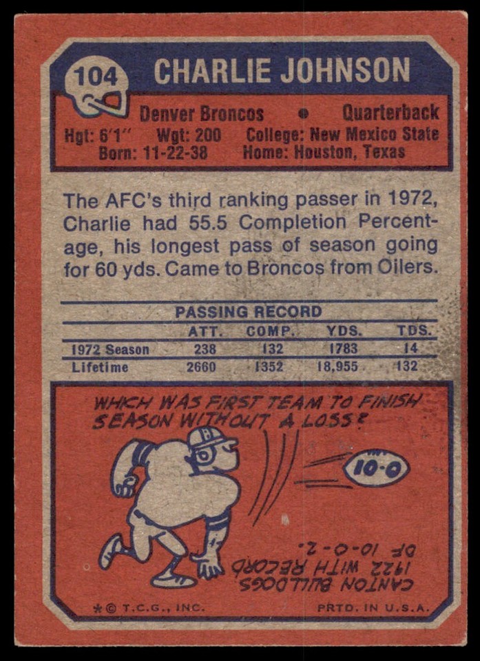 1973 TOPPS CHARLEY JOHNSON DENVER BRONCOS #104 EX-EXMT | eBay
