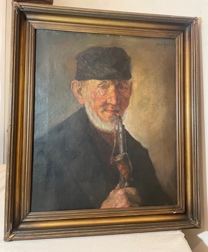 Antique H Glass elder man expressionism smoking pipe oil painting ...