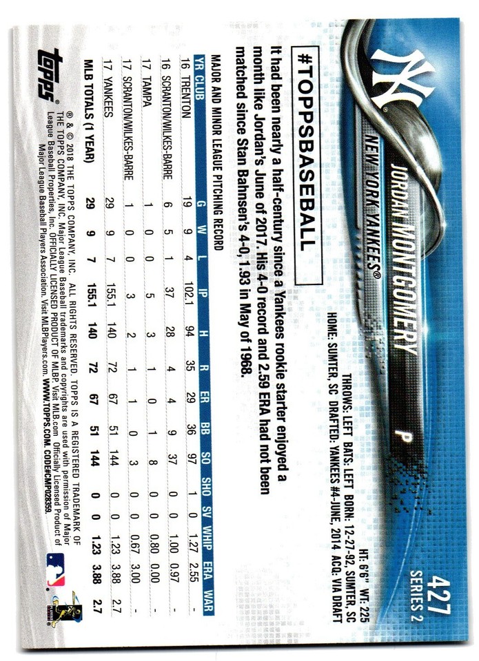 2018 Topps Series 2 Jordan Montgomery Lot of 3 Cards Rookie Cup #427 | eBay