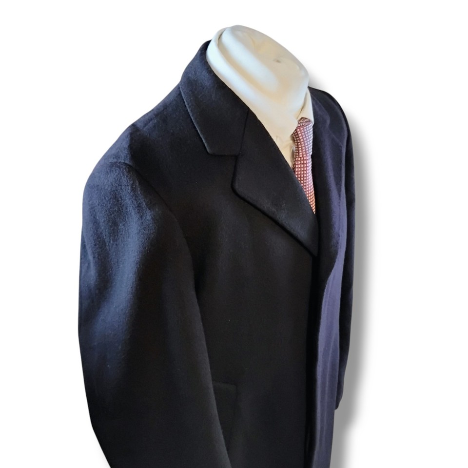 Crombie Mens Overcoat Coat Size 44 Black Wool Concealed Buttons Long ...