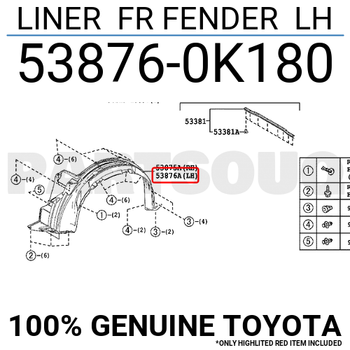 538760K180 Genuine Toyota LINER FR FENDER LH 53876-0K180 | eBay