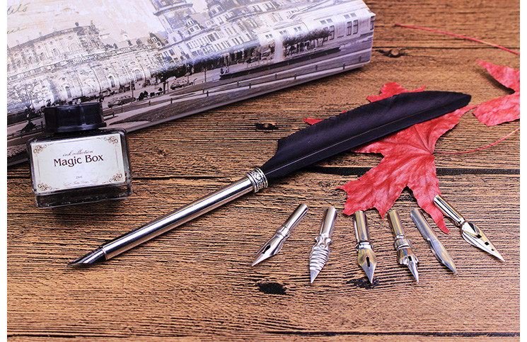 Quill Pen Set with Black Feather Antique Luxury Quill Pen with Ink Jar ...