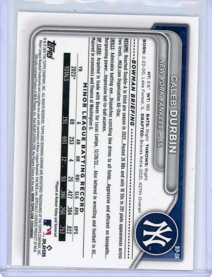 Signed auto CALEB DURBIN 2024 1st Bowman Chrome autographed autograph ...