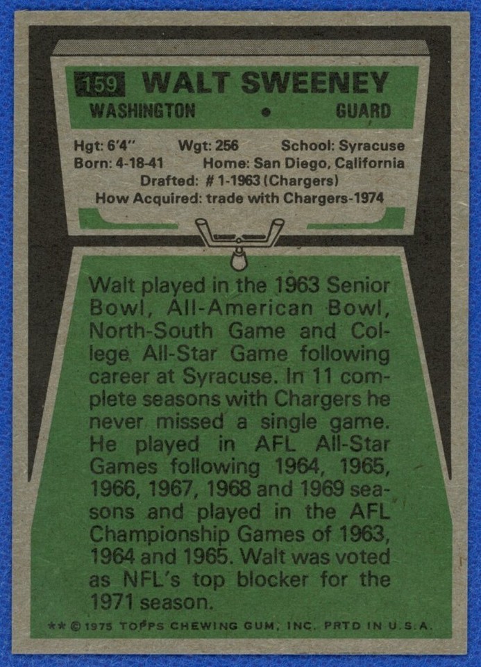 1975 Topps Football # 159 Walt Sweeney Washington Redskins Near Mint | eBay