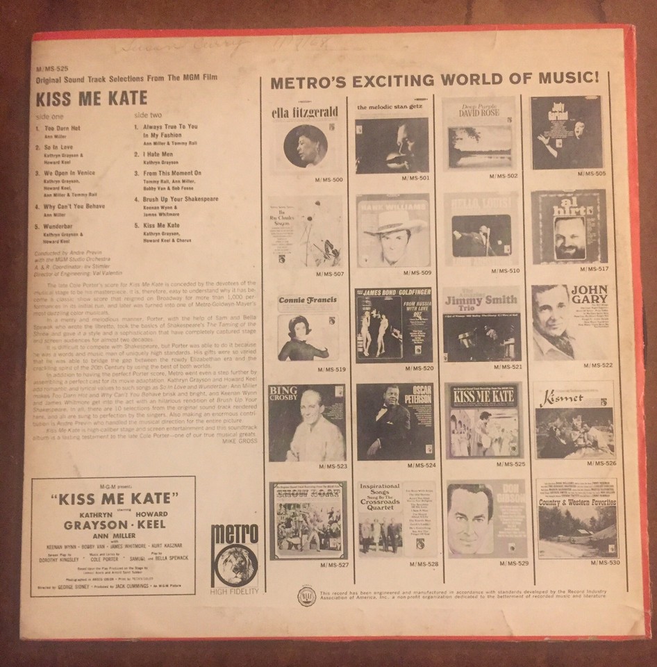 Kiss Me Kate Original Soundtrack M-525 Vinyl LP Metro | eBay
