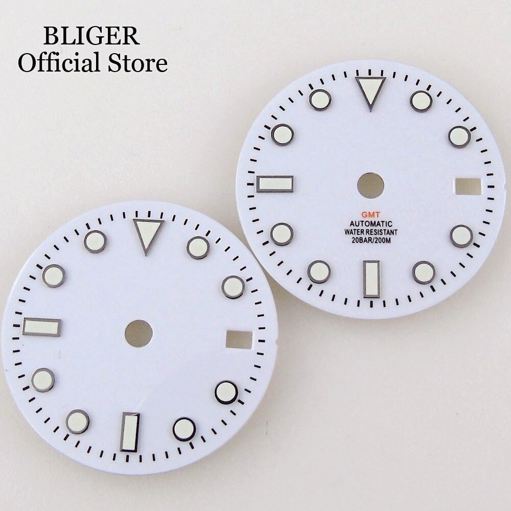 BLIGER Luminous White/Black 29mm Watch Dial Date Window fit NH34A NH34 ...