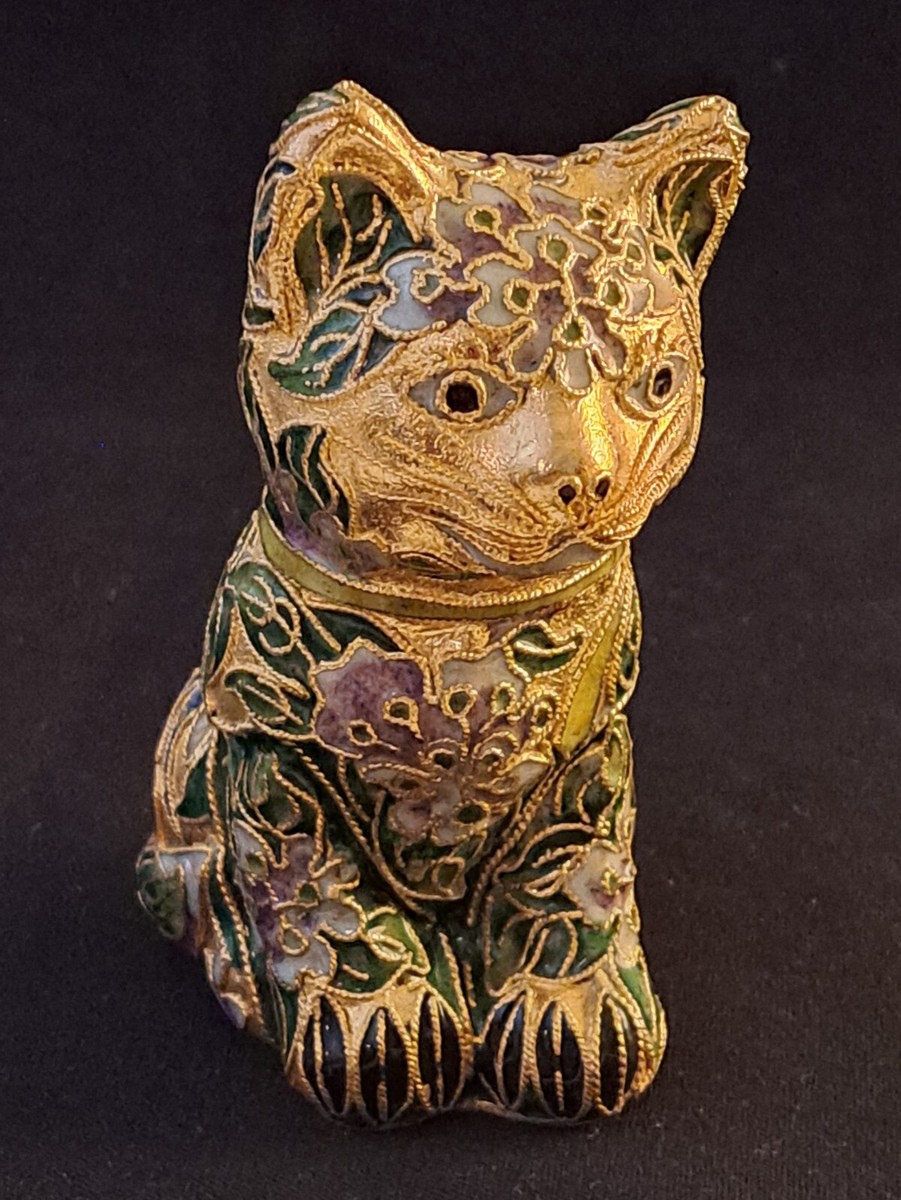 Cloisonne Cat Figurine Vintage Enamel Cloisonne Golden Cat Figurine,