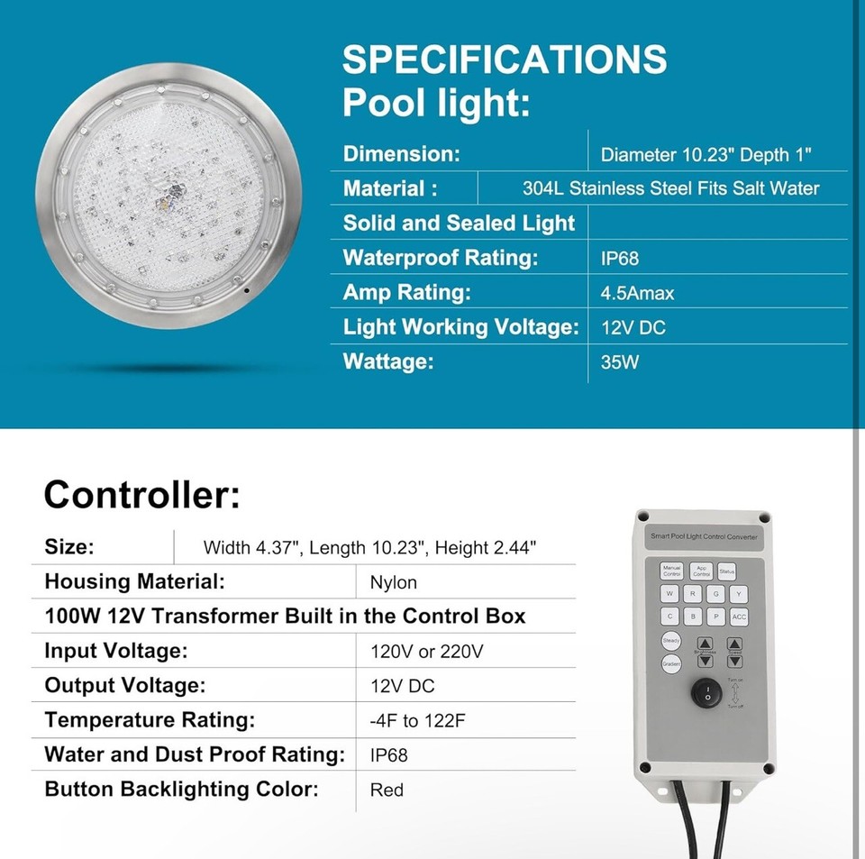 10 Inch Pool Lights for Inground Pools, AC120V Pool Lights with 50 Foot ...