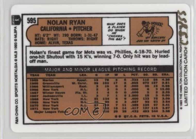 1993 R&N China Topps Porcelain Hamilton Collection Reprints Nolan Ryan ...