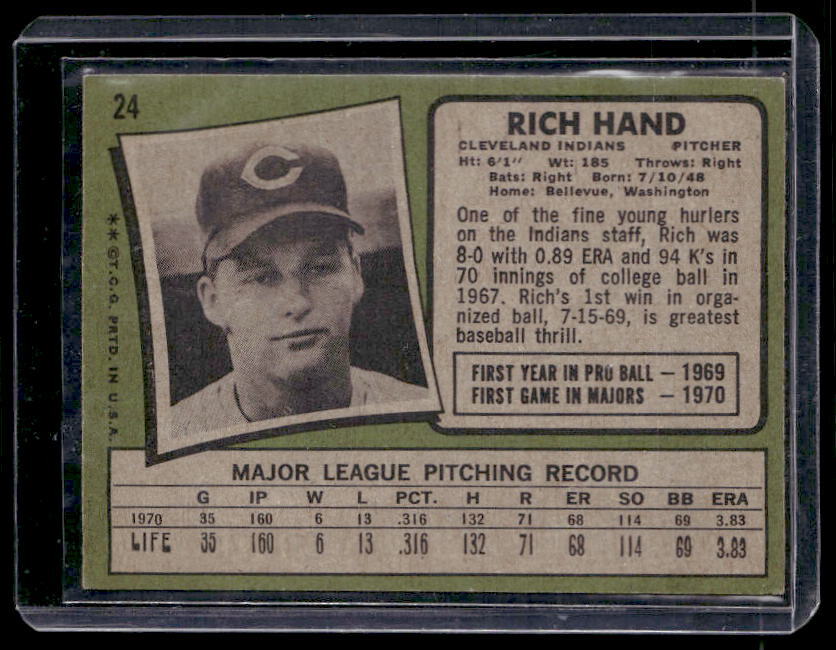 1971 Topps #24 Rich Hand Cleveland Indians Rookie EX Baseball Card ...