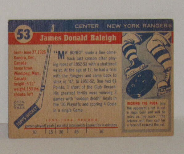1954-55 Topps Hockey Dan Raleigh Card #53 Ex+ | eBay