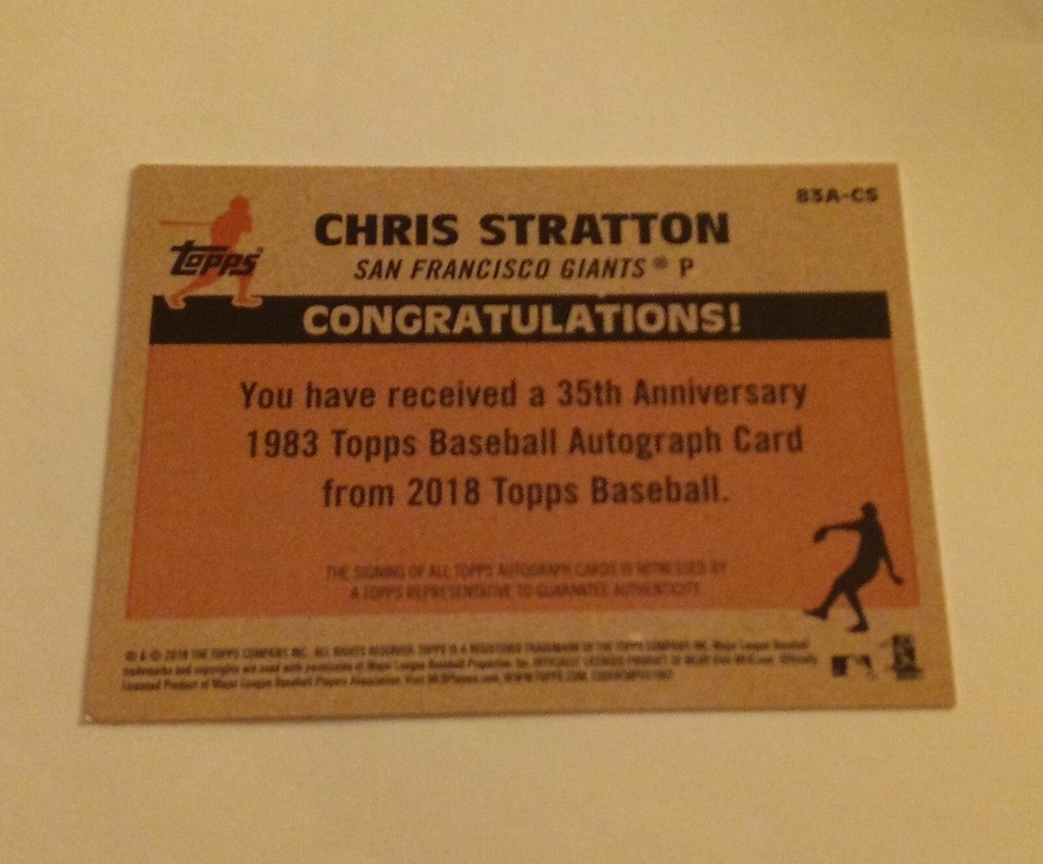 2018 Topps Update 1983 Autograph SP Chris Stratton RC SF Giants Texas ...