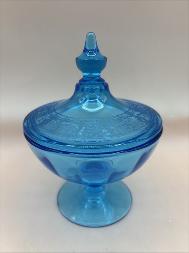 Fostoria Blue Glass Royal Etch Candy Jar Dish Mint Condition | eBay