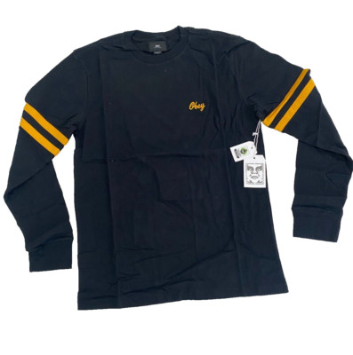 OBEY ERA MENS LONG SLEEVE TEE EMBRIORIED LOGO STRIPPED BLACK YELLOW ...