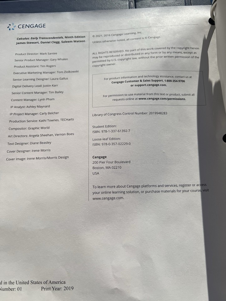 Calculus Early Transcendentals By Cengage 9E Loose Leaf. Binder ...
