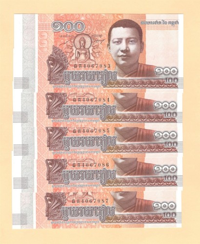 2014 CAMBODIA 100 RIEL CAT # P65 UNCIRCULATED CURRENCY { 5 CONSECUTIVE ...