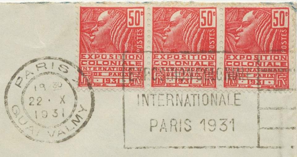 FRANKREICH 1931 Internationale Kolonialausstellung Paris 50 C (3x) MeF ...