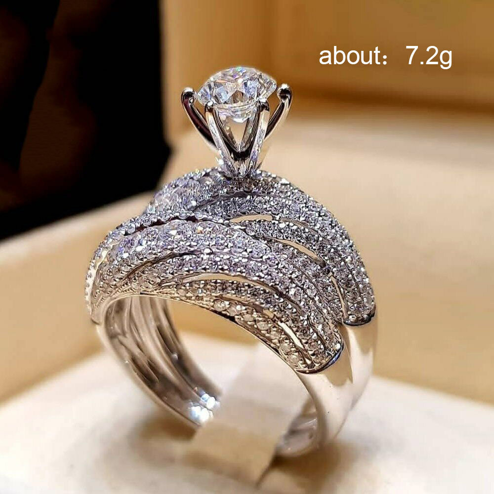 Fashion Women 925 Silver Filled Wedding Set Ring Round Cut Cubic Zircon ...