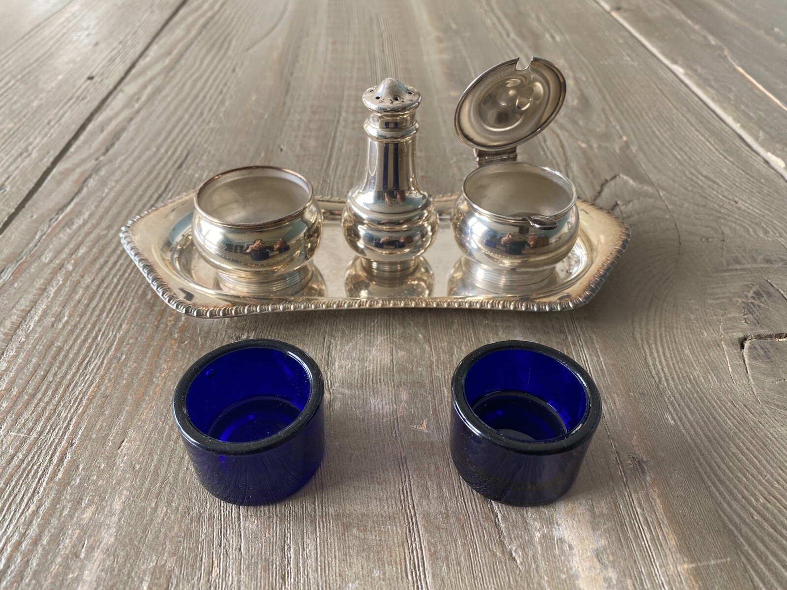 Vtg EPNS England Silver Salt Cellar Shaker Condiment Cobalt Blue Glass ...