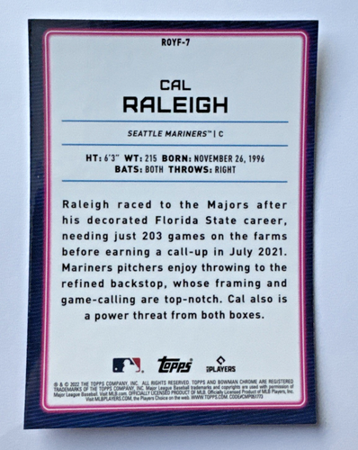 2022 Bowman Rookie of the Year Favorites Cal Raleigh #ROYF-7 Mariners ...