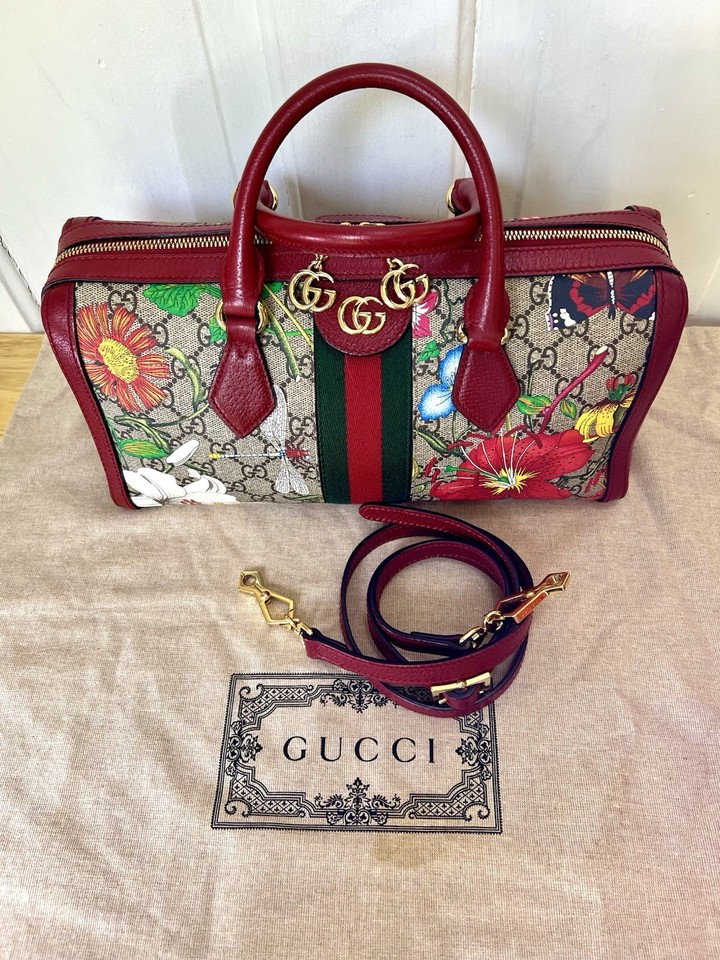 Gucci Red Floral GG Supreme Ophidia Boston Handbag Medium Shoulder ...