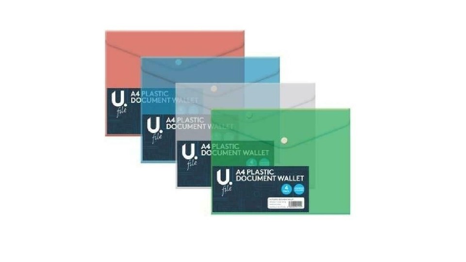A5 PACK OF 5 PLASTIC STUD DOCUMENT WALLETS OFFICE SCHOOL TRAVELLING ...