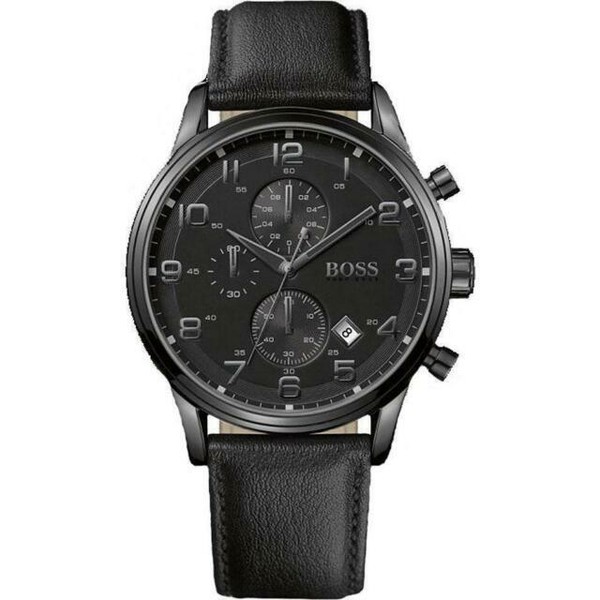 Hugo Boss Aeroliner Chronograph Mens Watch Black Leather Strap ...