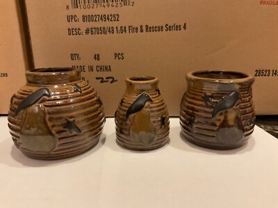 Primitive vintage honey & me crow & pear pottery jug set of 3 E8609 | eBay