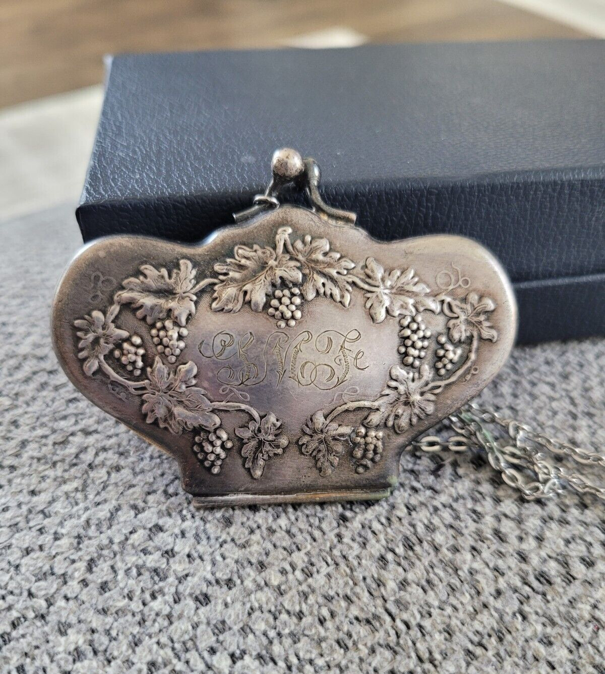 ANTIQUE German Silver Coin Purse with Chain - Gem