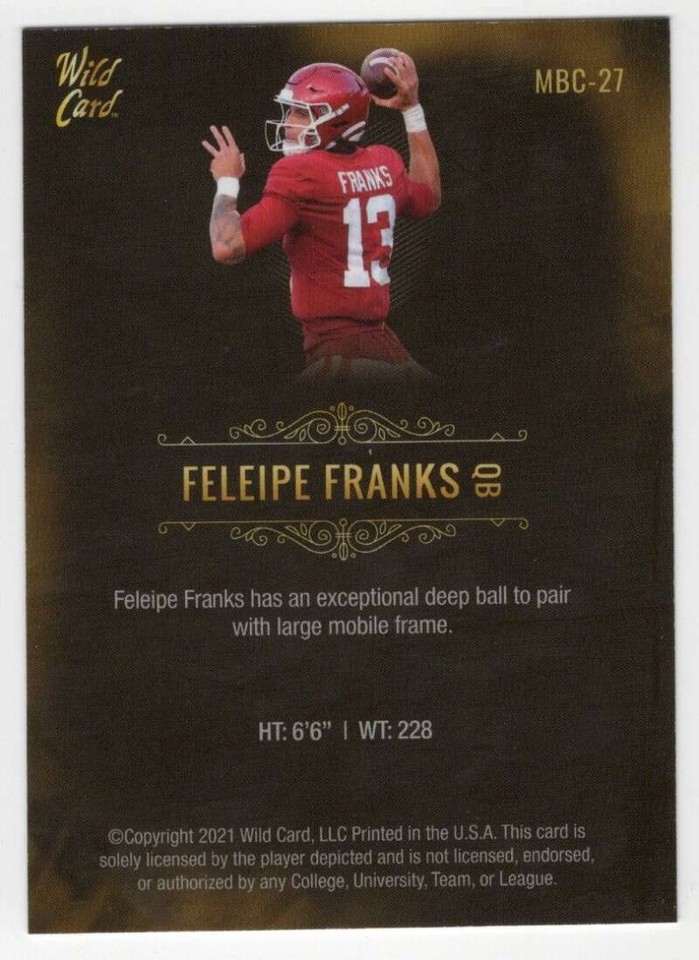 FELEIPE FRANKS RC 2021 Wild Card Matte Gold #MBC-27 ROOKIE NFL ID:29437 ...
