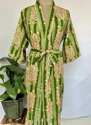 Indian Handmade Green Tiger Printed Cotton Kimono Robe Women Dressing ...