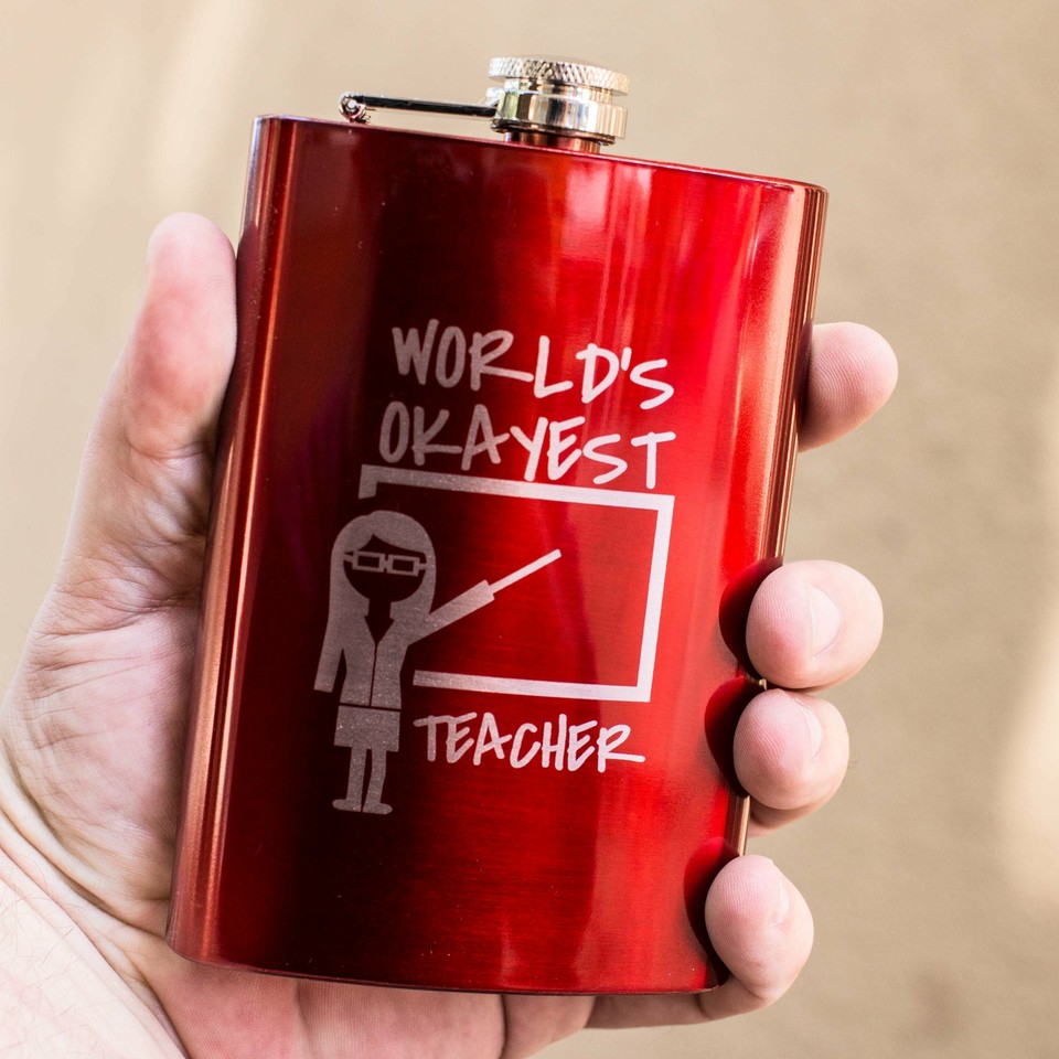 8oz RED World's Okayest Teacher Flask | eBay