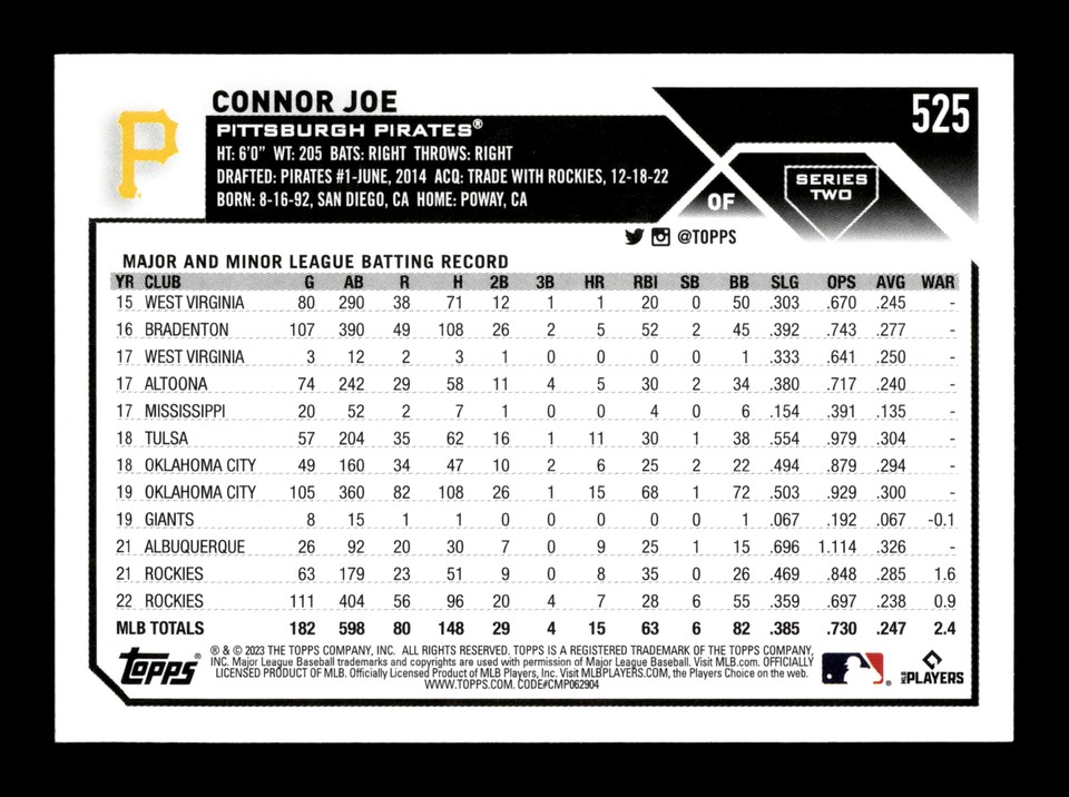 2023 Topps Series 2 #525 Connor Joe - Pittsburgh Pirates Baseball Card ...