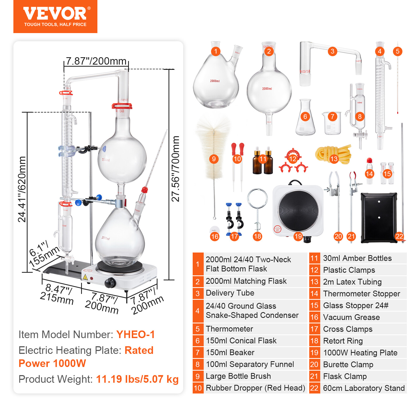 VEVOR 2L Essential Oil Steam Distillation Kit Distillation Apparatus 28 ...
