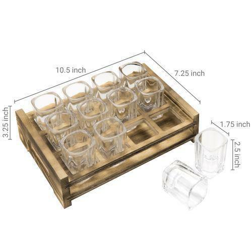 12 Shot Glass Server w/ Rustic Countertop Burnt Wood Tray, Bar Home ...