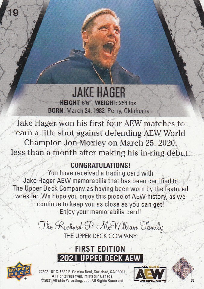Jake Hager 2021 Upper Deck AEW Gold Relic Card #19 171/199 | eBay