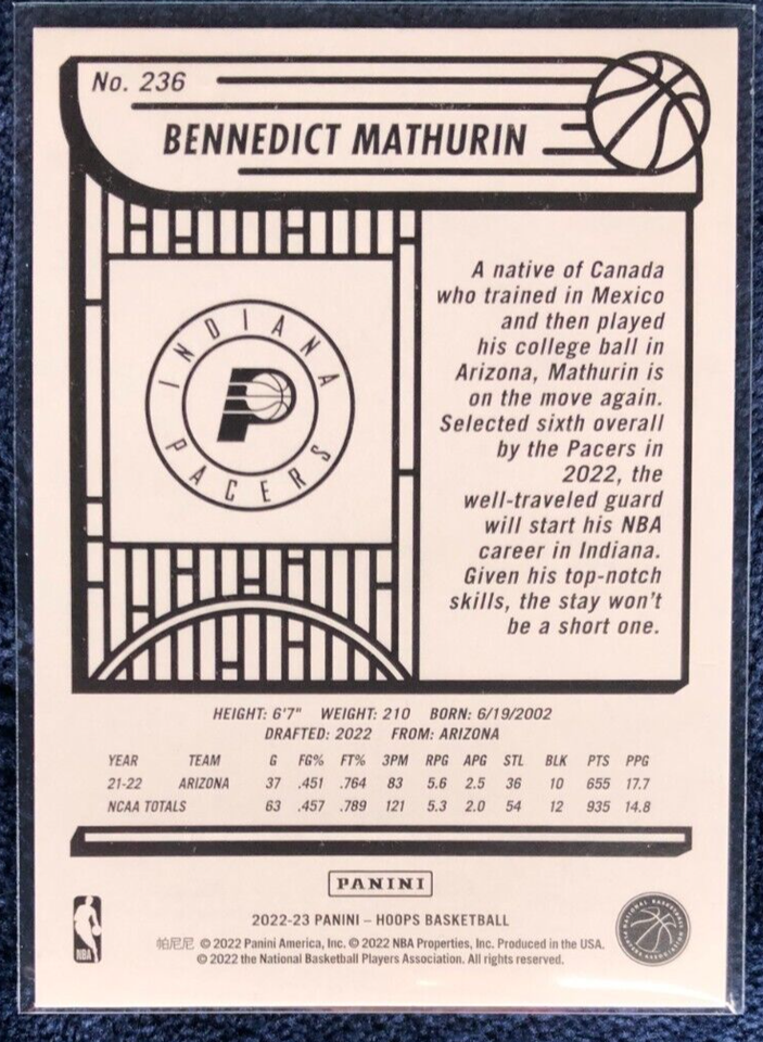 Benedict Mathurin 2022-23 Panini NBA Hoops no.236 Rookie Card Indiana ...